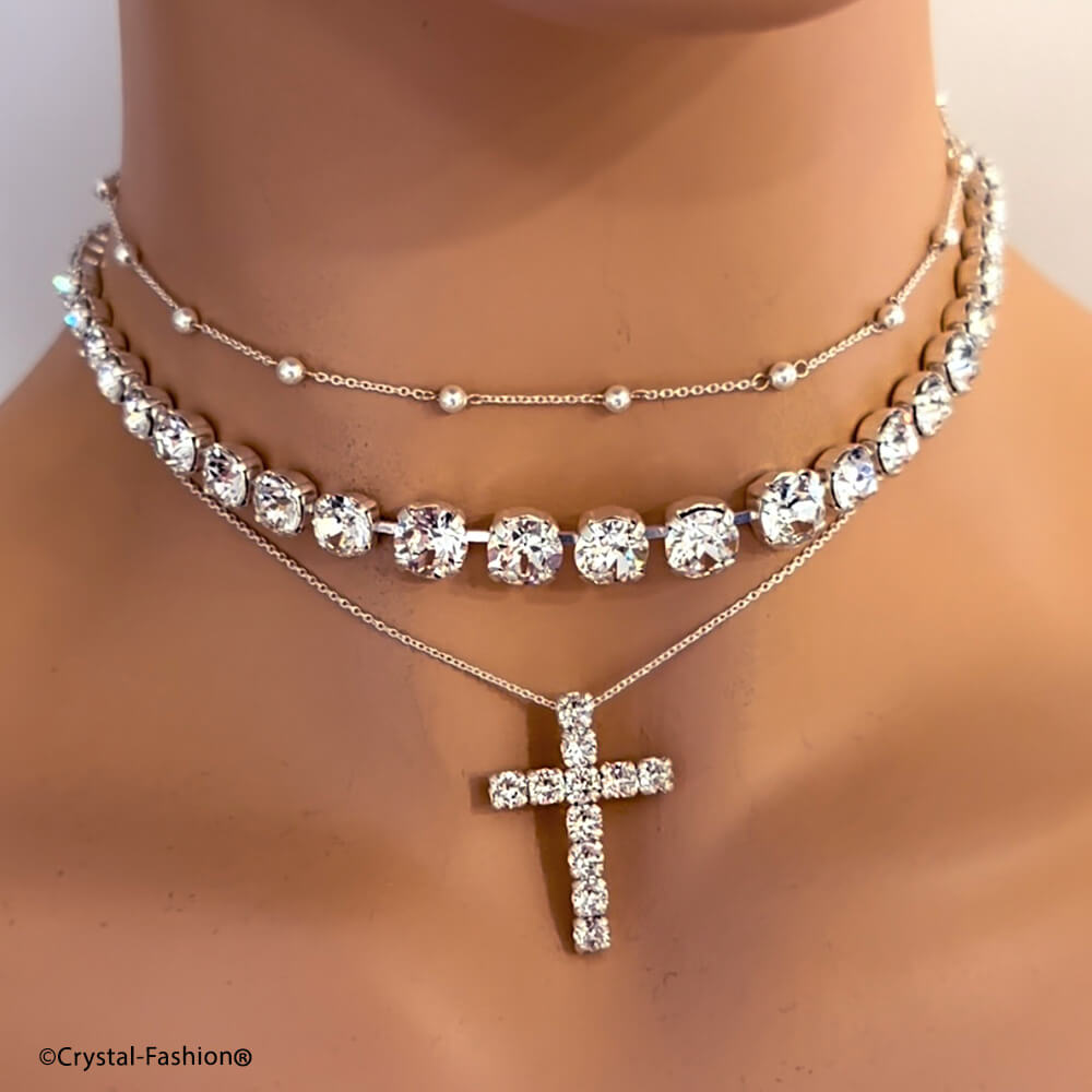 Iconic Colier Swarovski Tennis Lantisor Cruciulita Cristale si Perle